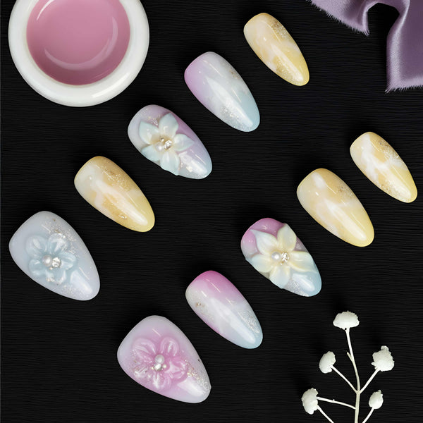 Floral Muse Fake Nails – Custom 3D Press On Set – Dress For Nails